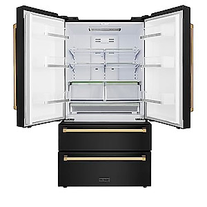 Z Line Kitchen and Bath ZLINE 36" Autograph Edition 22.5 cu. ft Freestanding French Door Refrigerator with Ice Maker in Fingerprint Resistant Black Stainless Steel with Gold Accents (RFMZ-36-BS-G)
