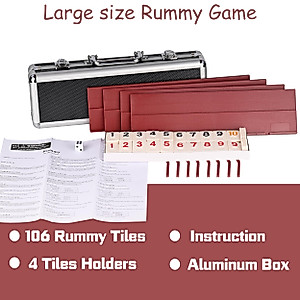 Doublefan Rummy 106 Tiles Large Rummy with 4 Sturdy Racks& Instructions Rummy Tiles with Aluminum Case Suit for 2-4 Players