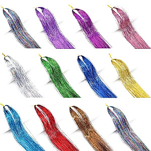 AlyBoto Hair Tinsel Heat Resistant 12 Colors 3000 Strands Fairy Hair Tinsel Kit Glitter Tinsel Hair Extensions 48 Inch Sparkle Hair Tinsel Kit For Girls (12color/3000strands-Pack)