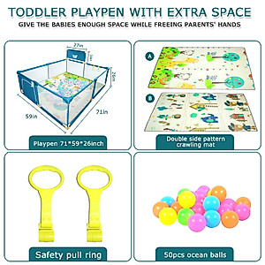 Baby Playpen for Toddlers,71"x59" Inch Extra Large Playpen with Non-Slip Suction Cups, 2 Handle Loops, Ocean Ball and Animal Pattern Crawling Mat,Sturdy and Safe Playpen with Basketball Hoop.