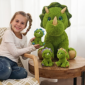 Muiteiur Triceratops Stuffed Animal Giant Dinosaur Stuffed Animal with 3 Little Baby Dinosaurs Green Triceratops Plush Toy Gift for Kids 24.5 inch