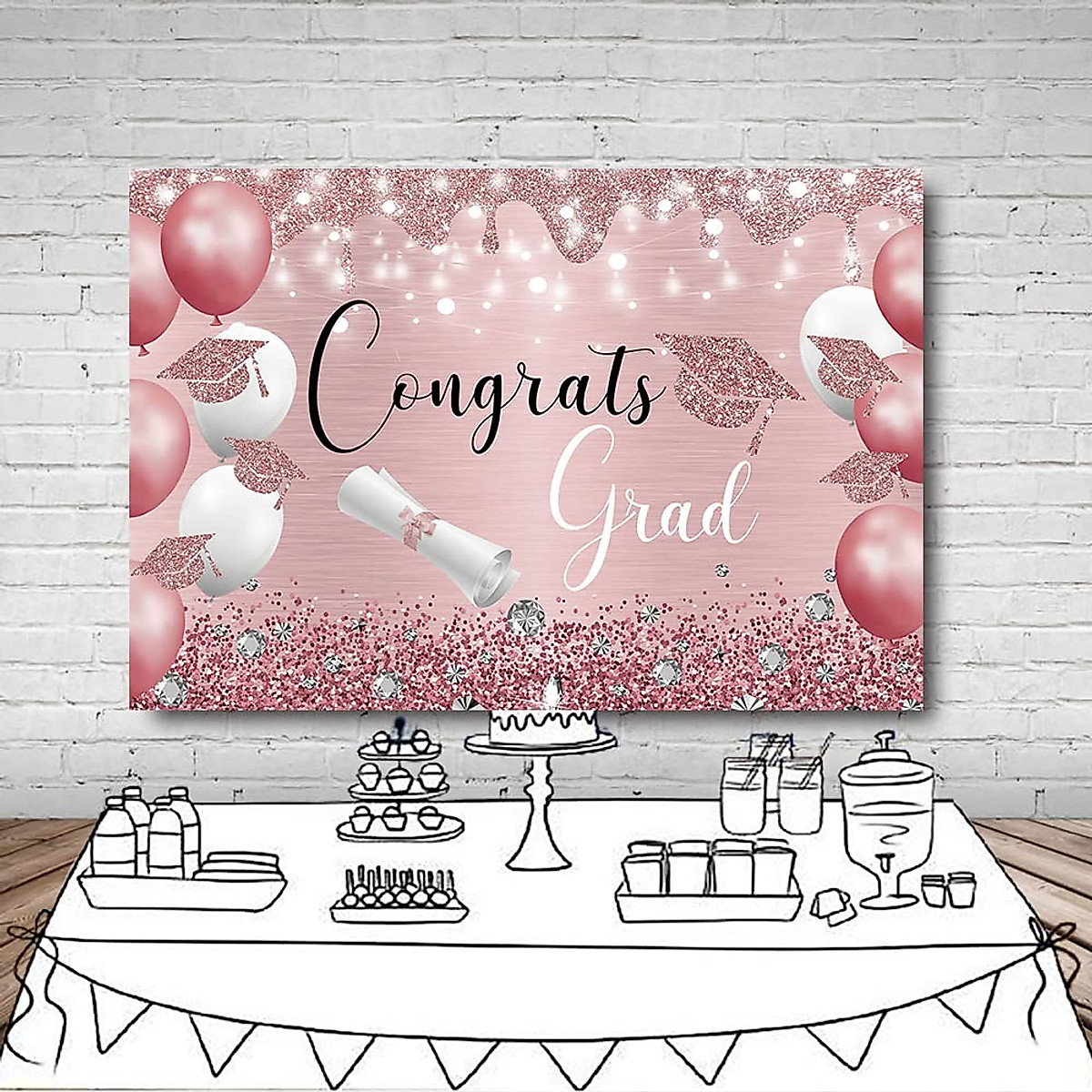MEHOFOND 7x5ft Rose Gold Congrats Grad Backdrop Graduation Decorations Class of 2024 Ceremony Banner Pink and White Balloons Prom Supplies Photography Studio Props