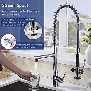 Commercial Kitchen Faucet with Pull Down Sprayer and Kitchen Soap Dispenser, Brass High Arc Pre-Rinse Tall Modern Single Handle Spring Kitchen Sink Faucet with Pull Out Spray, Chrome