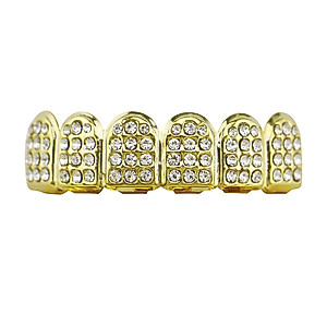 OOCC 18k Gold Plated Iced Out Grills with Diamond Hip Hop Teeth Grillz Caps Top and Bottom Set for Your Teeth (Golden)