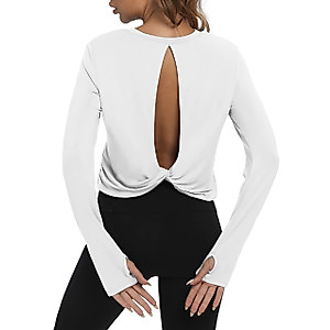 Bestisun Long Sleeve Workout Crop Shirt Open Back Athleisure Wear Yoga Crop Tops Gym Sweatshirt Training Exercise Shirts White XL