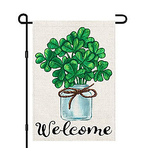 Welcome Green Lucky Shamrocks St Patricks Day Garden Flag 12x18 Inch Double Sided Burlap, Seasonal Sign Yard Outdoor Decorations DF187