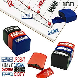 Reliancer Set of 8 Self Inking Pre-inked Office Stamp 8 Message Account Stamp Office Stationary Stamper Business Paper Work Text Stamps w/Tray RedBlueBlack Ink