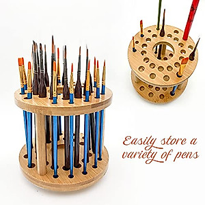 Paint Brush Holder 360 Rotating Bamboo Display Drying Stand Watercolor Coloring Brush Organizer Display Stand Tray Rack with 29 Holes（1 Big Hole 23 middle Holes 5 Small Holes）