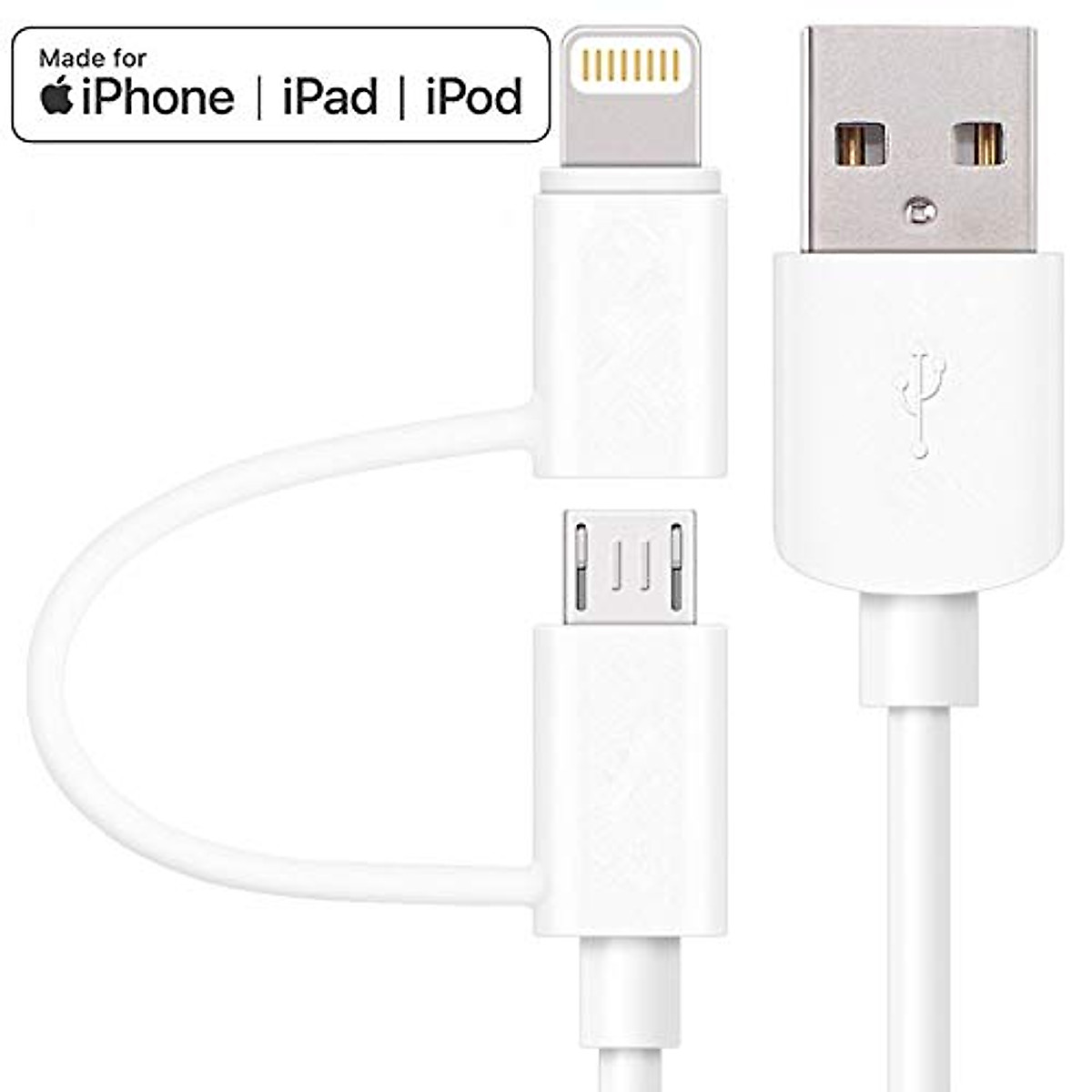 Apple MFi Certified 2 in 1 iPhone Charger Lightning Cable and Micro USB to USB Charger Cord, Compatible iPhone X, 8, 8 Plus,7 Plus, Android Data Cable 2 in 1 White(6FT)