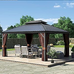 HAPPATIO 12' x 16' Hardtop Gazebo, Galvanized Steel Patio Double Roof Aluminum Gazebo with Curtains and Netting, Metal Permanent Pavilion Outdoor Gazebos for Patios, Gardens (Brown)