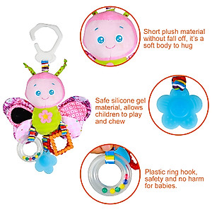 Funsland 3 Pack Stroller Toys - Car Seat Toys for Infants with Teether Hanging Toys - Butterfly + Birdie + Duck