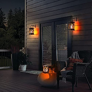 Tewei Solar Wall Lantern Outdoor Hanging Solar Lights, Flickering Flame Waterproof Solar Wall Sconce 3-Lighting Mode, Hanging Solar Lamps Patio Light Fixture for Fence Porch and Yard, 2 Pack