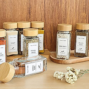 CUCUMI 25pcs Spice Jars with Labels 4oz Glass Spice Bottles with Bamboo Lids, Silicone Collapsible Funnel, Test Tube Brush and Chalk Marker, Seasoning Containers for Spice Rack, Cabinet and Drawer