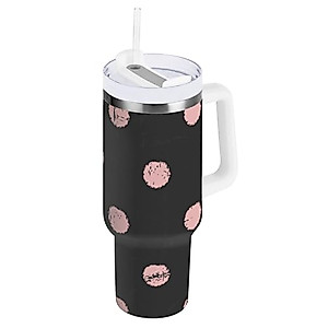 Stainless Steel Tumblers 40 Oz with Straw and Handle, Pink Polka Dots Black Vintage Travel Coffee Tumbler