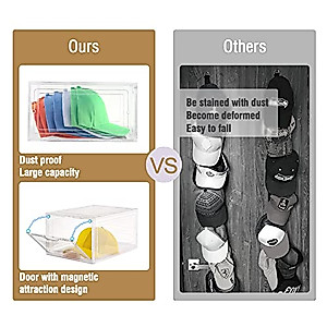 INSTY Hat Organizer Box for Baseball Caps, 4 Pack Plastic Hat Storage Containers, Clear Hat Box for Hat Display, Stackable Dust Proof Hat Rack With Magnetic Door, Easy to Assemble Hat Holder