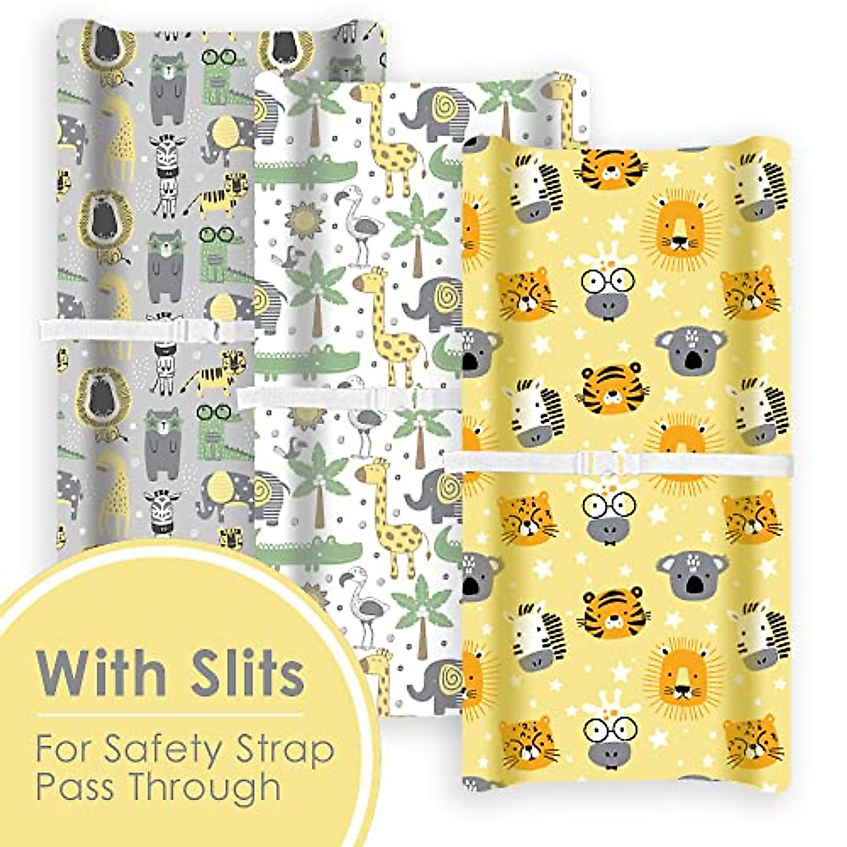 GROW WILD Changing Pad Cover 3 Pack | Soft & Stretchy Jersey Cotton | Baby Changing Table Pad Cover | Diaper Changing Pad Covers for Girls or Boys | Wipeable Sheets | Grey White Yellow Safari Animals