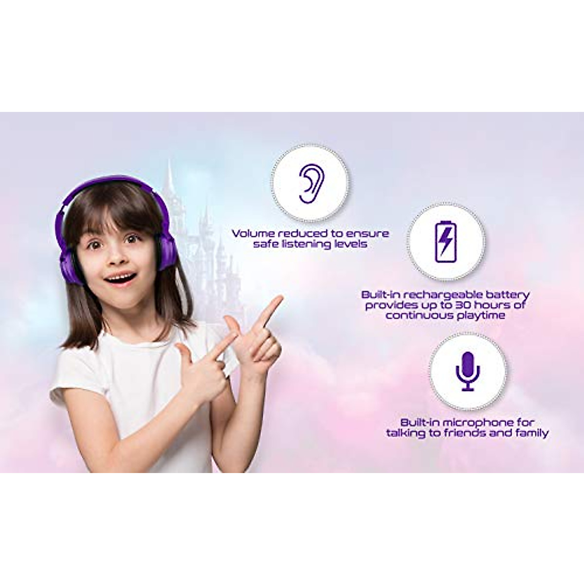eKids Descendants Kids Bluetooth Headphones for Kids Wireless Rechargeable Foldable Bluetooth Headphones with Microphone Kid Friendly Sound and Bonus Detachable Cord, DE-B50v9M
