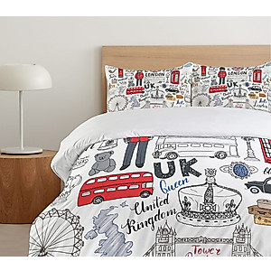 Ambesonne Hipster Duvet Cover Set, I Love London Double Decker Bus Telephone Booth Cab Crown of United Kingdom Big Ben, Decorative 3 Piece Bedding Set with 2 Pillow Shams, Queen Size, White Red