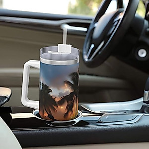HULIBIN Coconut Beach Sunset Hammock Print Double Deck Stainless Steel Travel Coffee Cup With Lid 40 Oz Ice Bully Cup