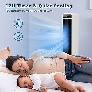 2-In-1 Evaporative Air Cooler - 41” Quiet Cooling Tower Fan Humidifier Portable Swamp Cooler with Bladeless Design, 60° Oscillation, Remote Control, 3 Modes and 3 Wind Speeds, 12H Timer, 4 Ice Boxes