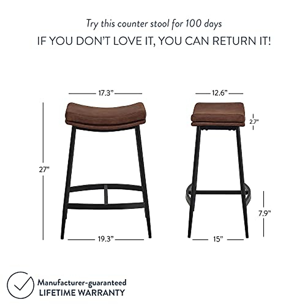 Nathan James 22202 Arlo Modern Backless Upholstered Kitchen Counter Bar Stool with Double-Layered Saddle Seat and Metal Base, Brown/Matte Black