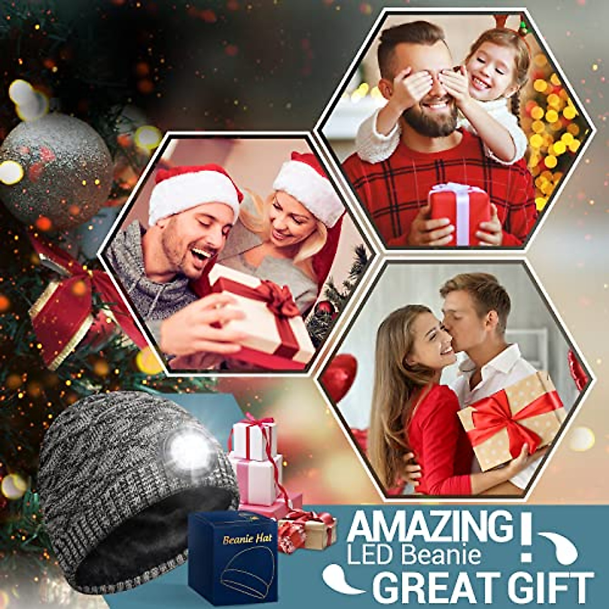 Christmas Stocking Stuffers Gifts for Men - LED Beanie Hat with Light Men Gifts Rechargeable Headlamp Cap for Women Winter Warm Knit Lighted Hats for Running Hunting Camping Cool Gadgets Dad Birthday
