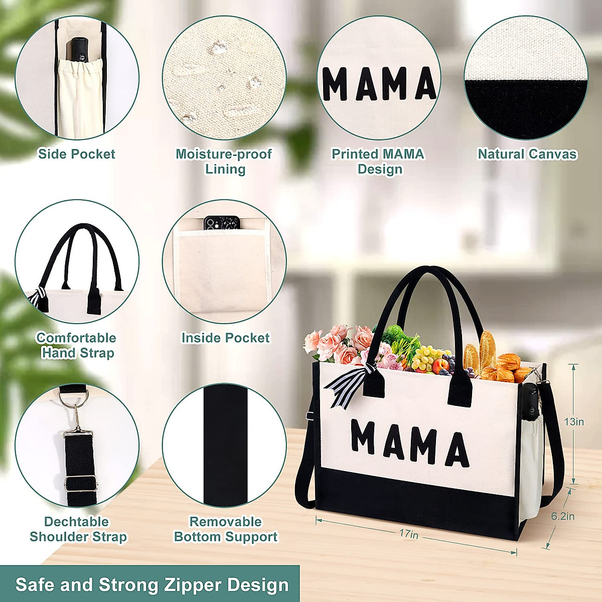 MAMA Tote Bag Mothers Day Gifts for New Mom, Pregnant Women, Canvas Mommy Bag with Zipper, Hospital Bag Essentials for Labor and Delivery, Pregnancy Gifts for Expecting First Time Mom