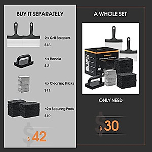 AWEASROY 19PCS Griddle Cleaning Kit for Blackstone, Heavy Duty Flat Top Grill Cleaning Kit, Remove Stain Easily 2 Grill Scrapers, 1 Cleaning Handle, 12 Scouring Pads, 4 Cleaning Bricks