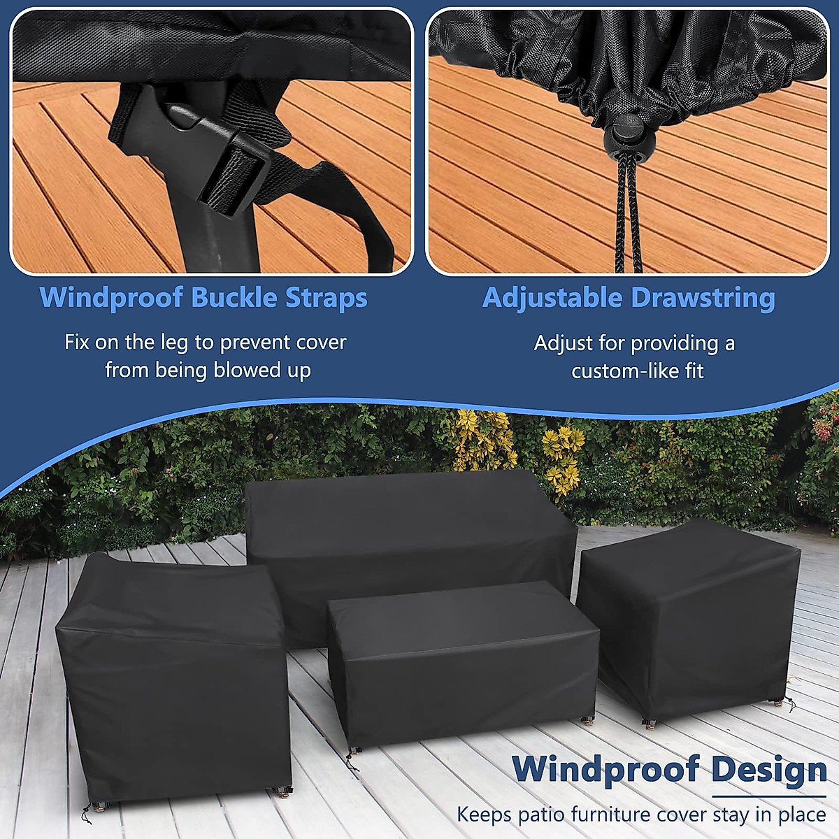 STARTWO Patio Furniture Covers, 4 Piece Heavy Duty Waterproof Outdoor Furniture Cover with Windproof Buckle Strap, Rattan Wicker Patio Furniture Set Cover for Couch Chair, Black