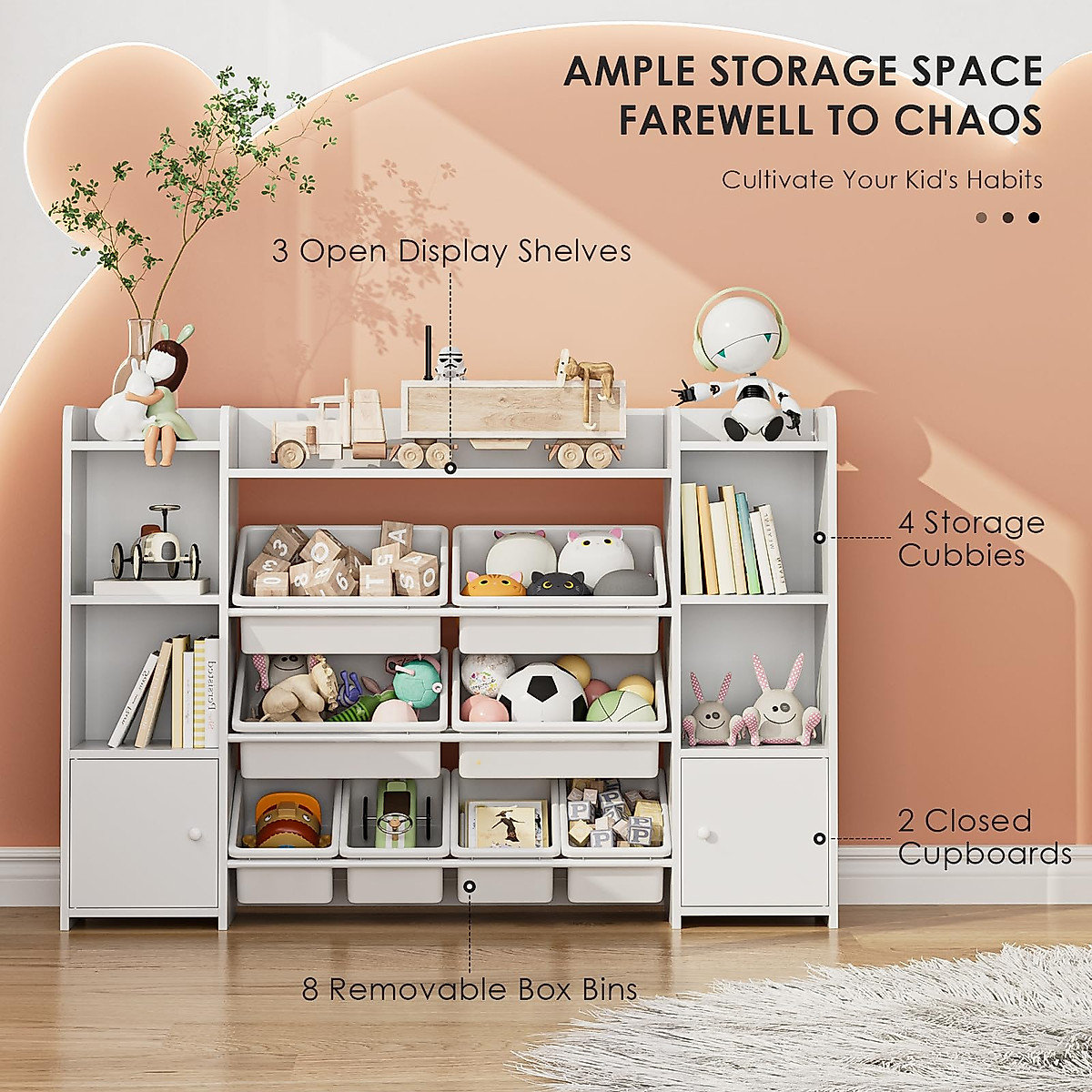 FOTOSOK 55''Large Toy Storage Organizer with 8 Toy Bins, Toy Organizers and Storage with Shelf and 6 Storage Cubbies, Bookshelf for Kids, Playroom Organization and Storage Bins, White