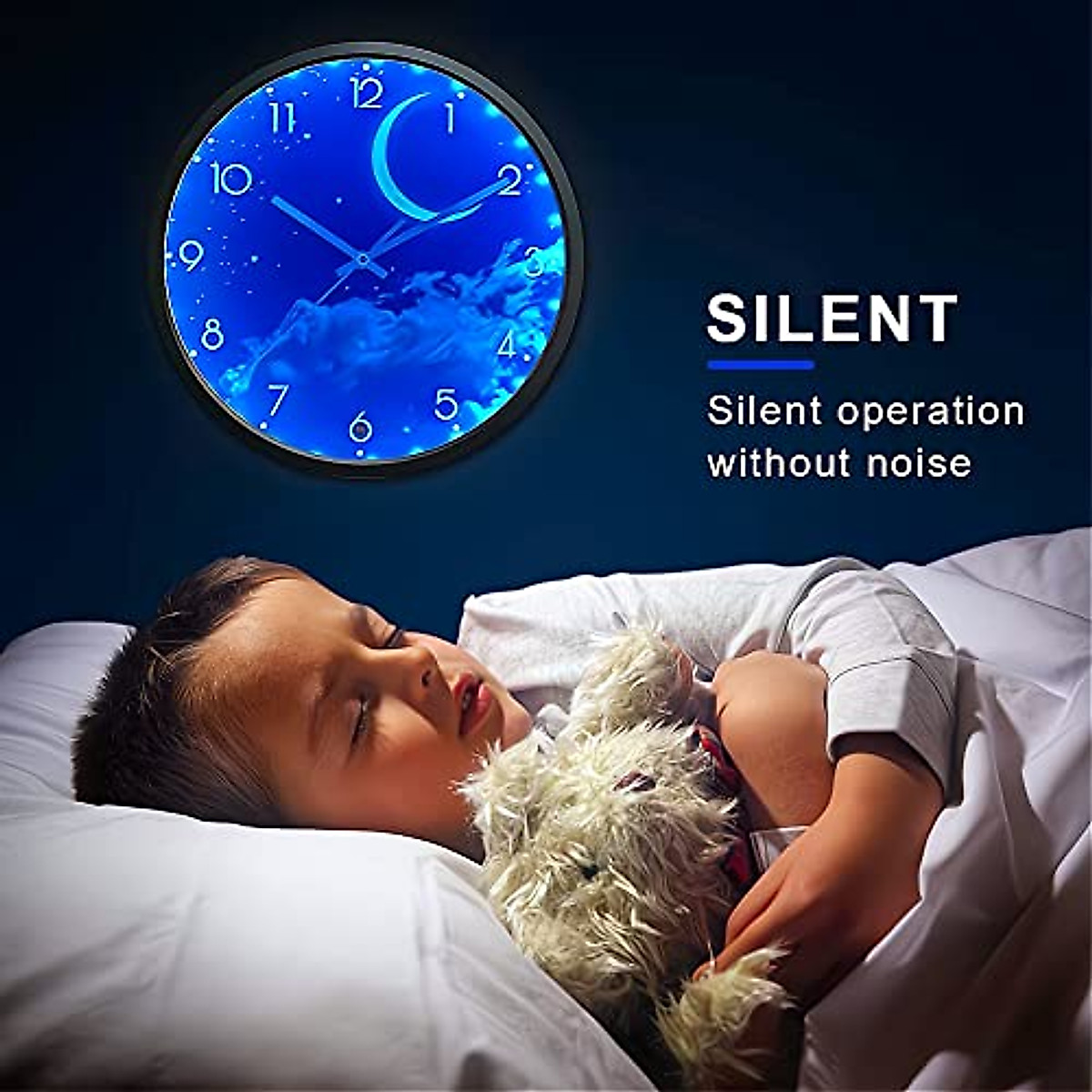 OCEST Night Light Wall Clock for Bedroom, 12 Inch Silent Battery-Operated LED Wall Clocks for Living Room/Kitchen, Glow in The Dark Large Digital Display Wall Clock Kids Birthday Gift -Moon