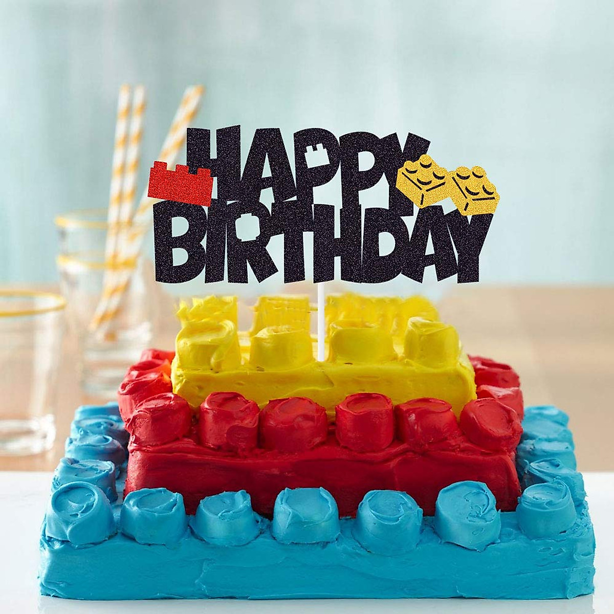Building Blocks Cake Topper Glitter Happy Birthday Cake Decoration ...