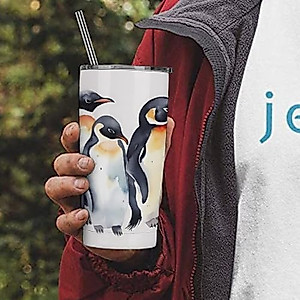 20 Oz Tumbler With Straw Leak Proof Thermos Cup, Animal Penguins Watercolor Pattern Stainless Steel Insulated Travel Coffee Mug Fit for Car Cup Holder