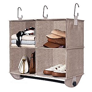 StorageWorks Hanging Closet Organizer with Garment Rod, 4 Section Closet Hanging Shelves, Hanging Clothes Cube Organizer, Mixing of Brown & Beige, 12 ¼" D x 24 ½" W x 28" H