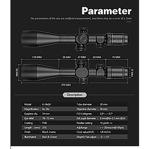 SPINA OPTICS 6-24x50 FFP First Focal Plane Riflescopes with Mil-dot Reticle and Parallax Adjustment, Sunshade Included, Waterproof, Fogproof Black Rifle Scope, 30mm Tube (with 11mm mounts)
