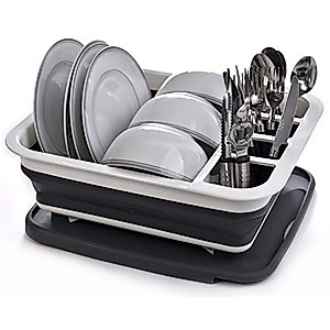 Collapsible Dish Drying Rack - Popup and Collapse for Easy Storage, Drain Water Directly into the Sink, Room for Eight Large Plates, Sectional Cutlery and Utensil Compartment, Compact and Portable.