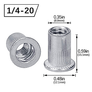 100 Pcs 1/4-20 Aluminum Flange Rivet Nuts, UNC Flat Head Threaded Insert Nut