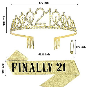 CURASA Gold Finally 21 Birthday Crown and Sash Kit for Women Girls 21st Birthday Tiara and Sash Set for Girls Rhinestones Crowns and Sash 21st Birthday Gift for Women 21st Birthday Decorations for Her