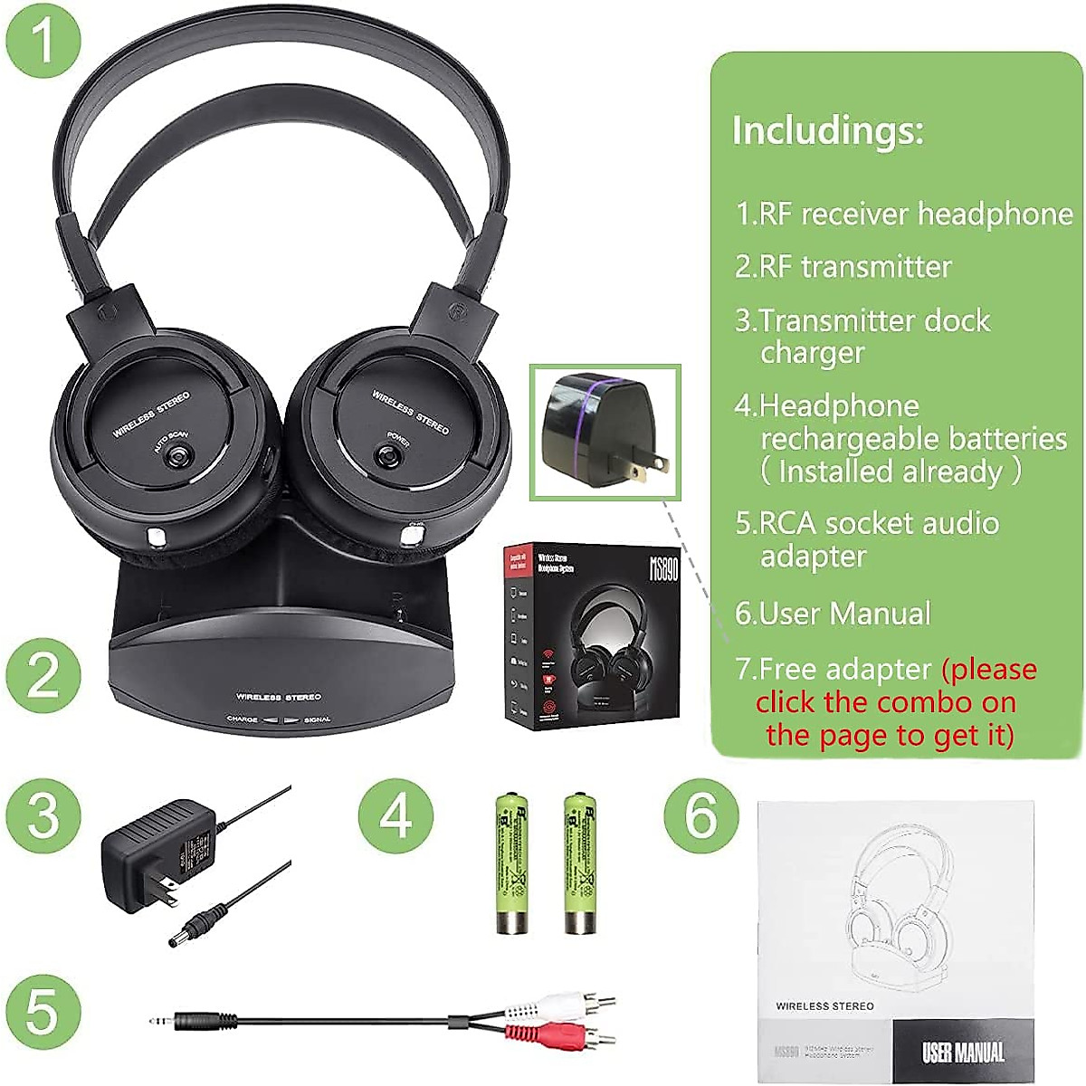 ANSTEN Wireless Headphones for TV Watching, Over Ear Headsets with RF Transmitter Charging Dock with 3.5 mm AUX/RCA, Rechargeable Stereo TV Wireless Headphone,164 ft Work Rang, No Audio Delay