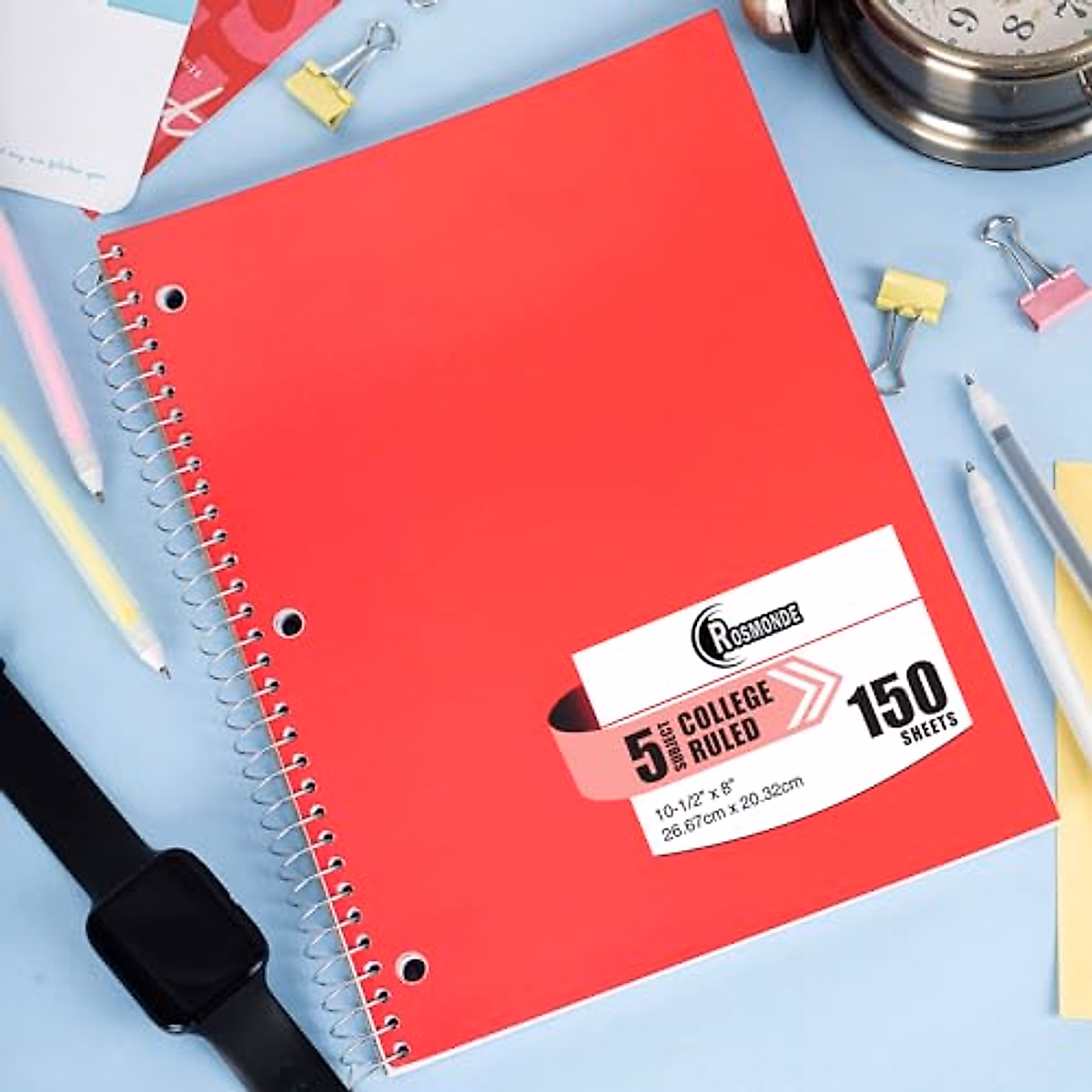 Rosmonde 5 Subject Spiral Notebook College Ruled, 6 Pack, 300 Pages (150 Sheets), 8" x 10-1/2", School & Office Note Books, Sturdy Spiral Bound, Soft Cover, Assorted Fun Colors, 5 Subject Notebooks