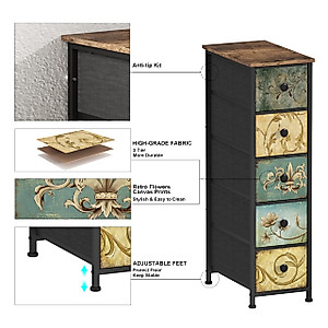 Tohomeor Narrow Storage Dresser Slim Dresser with Retro Flowers Fabric Drawers Vertical Skinny Cabinet for Small Spaces,Bathroom,Bedroom Closet Nightstand,Entryway Organizer (Retro Flower, 5 Drawers)