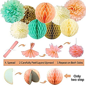 Birthday Party Decorations for Girls Women Her with Happy Birthday Banner,Honeycomb ball,Circle Dots Garland,Hanging Swirls Paper Pompoms,Paper Tassels Garland for Mint Green Gold Peach Birthday Decor