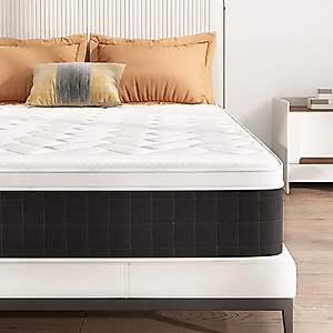 Z-hom Mattress Queen Size, 10 Inch Hybrid Euro Top Mattress Bed in a Box, Individually 5-Zone Pocketed Spring Mattress for Pressure Relief & Motion Isolation, Plush Foam Innerspring Mattress, Black