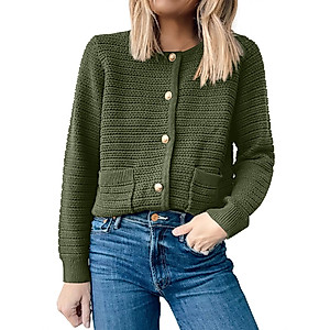 ANRABESS Women's Tweed Knit Cardigan Sweater Casual Long Sleeve Cropped Button Down Lady Jackets 2025 Spring Fashion Outwear Army Green Medium