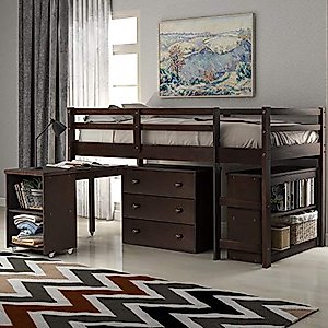 DEYOBED Twin Size Wooden Loft Bed Frame with Cabinet, Rolling Portable Desk and Storage Shelves for Kids Teens