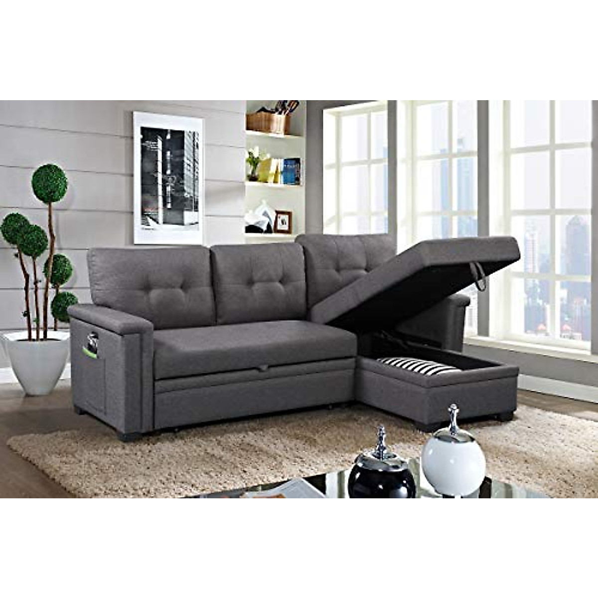 OMGO L-Shape Convertible Sleeper Sectional Sofa with Storage Chaise and Pull-Out Bed, Linen Upholstered Reversible Corner Couch w/USB Charger Ports and Pocket, 84, Dark Gray