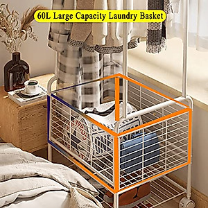 Wire Commercial Rolling Laundry Cart with hanger 2.5 Bushel Wire Laundry Basket with Wheels easy moved garment rack with basket for organize