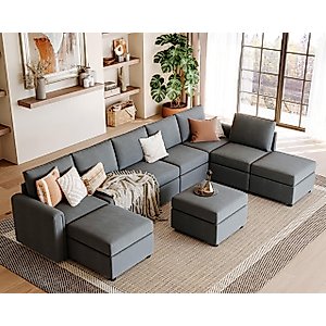 LINSY HOME Modular Sectional Sofa, Oversized Sectional Couch with Storage, Ottomans, Modular Sectional Sleeper Sofa with Memory Foam, 9 Seat U Shape Sofa Set for Living Room, Dark Grey
