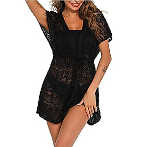 EISHOPEER Women's Swimsuit Beach Cover Up Lace Bikini Beachwear Sheer Bathing Suit Coverups,Black,S