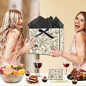 Yoirrat Vintage Floral Gift Bag Christmas Paper Bag Black Flowers Wrapping Bag with Paper Card Vintage Wildflower Gift Wrap Bag for Women Wedding Bridal Christmas Anniversary Birthday Party Supplies